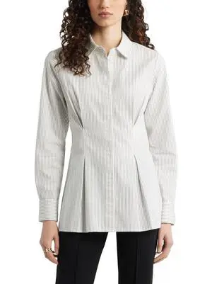 Nordstrom Stripe Pleat Waist Button-up Shirt - Ivory- Navy Dylan Stripe