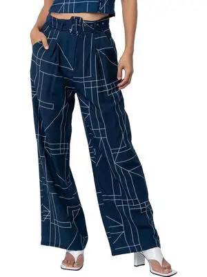 CIEBON Sydney Print Wide Leg Pants - Navy/white