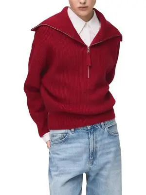 Mango Rizin Rib Half Zip Sweater - Maroon