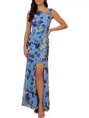 Adrianna Papell Printed Ruffle Chiffon Mermaid Gown - Blue Multi