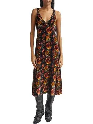 R13 Floral Velvet Midi Dress - Orange Multi Floral