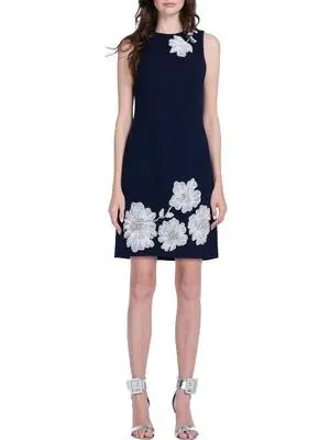 EMILY SHALANT Beaded Floral Appliqué Cocktail Sheath Dress - Black