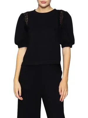 MELLODAY Lace Inset Puff Sleeve Top - Black