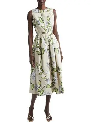 Oscar De La Renta Porcelain Flowers Belted Stretch Cotton Poplin Shirtdress - Denim/oatmeal