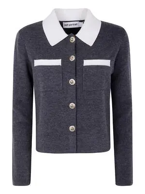 SELF-PORTRAIT Contrast Collar Cardigan - Gray