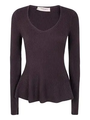 TWINSET Round Neck Ribbed Sweater - Black