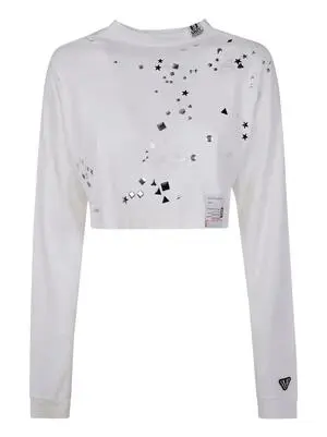 Mihara Yasuhiro Embellished Distressed Long Sleeves Mini Tee - White