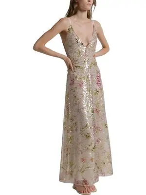 Alberta Ferretti Printed Sequins Maxi Gown - Beige
