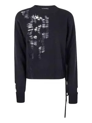 ANN DEMEULEMEESTER Gabriela Destroyed Seed Stitch Crew Neck Sweater - Black