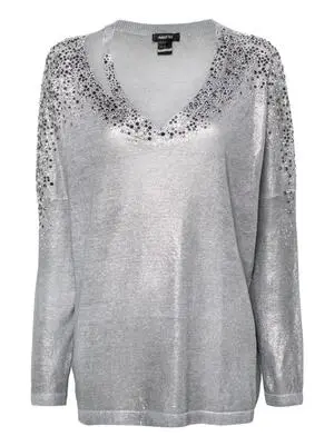 Avant Toi Linen Cotton V-neck Pullover With Lamination And Strass - White