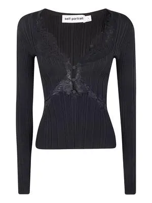 SELF-PORTRAIT Lace Knit Top - Black