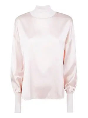 D.exterior Satin Tunic Merino Wool Blouse - White