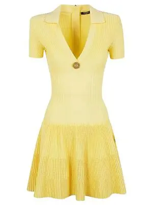 Balmain Short Sleeves "flechage" Knit Flare Short Dress - Yellow
