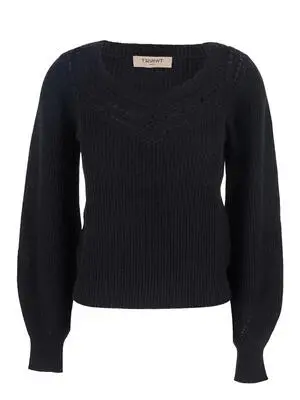 TWINSET Boat Neck Fine Knit Sweater - Black