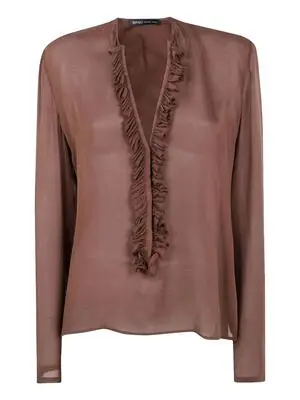 IBRIGU Silk Ruffle Shirt - Brown