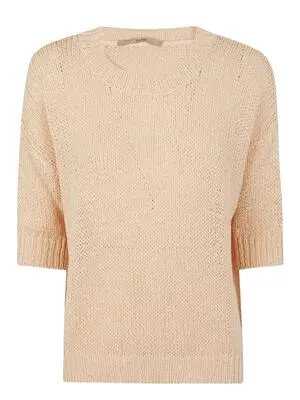 NUUR Short Sleeve Round Neck Fine Knit Pullover - Beige