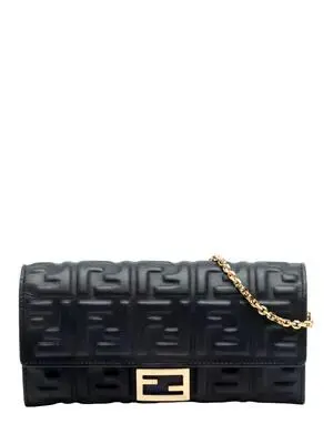 Fendi Zucca Embossed Nappa Baguette Continental Wallet With Chain Crossbody Bag - Black