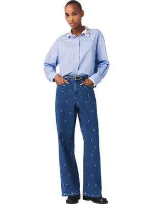 Maje Cotton Wide-leg Rhinestone Jeans - Blue