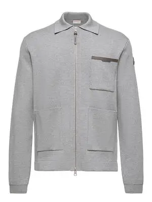 Moncler Leather Logo Wool Zip-Up Cardigan Grey