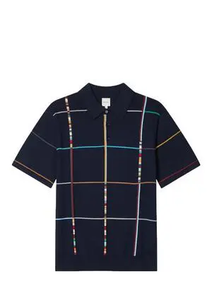 Paul Smith Navy 'signature Stripe Check' Knitted Cotton Polo Shirt - Blue