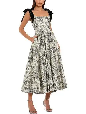 Mac Duggal Brocade A-line Midi Dress With Bow Straps - Black Multi