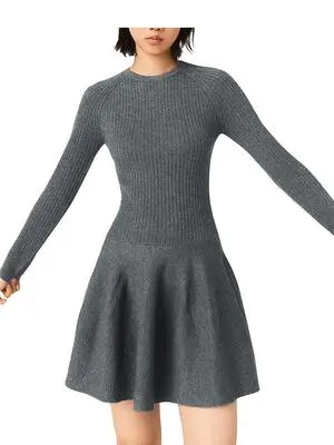 Maje Ribbed Mini Skater Dress - Grey