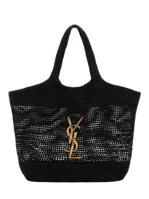 Saint Laurent Raffia Icare Shopping Tote Bag - Black