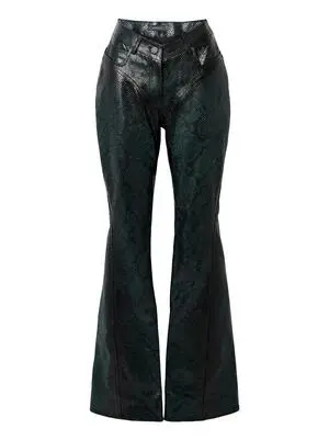 MUGLER Paneled Snake-effect Leather Flared Pants - Dark Green