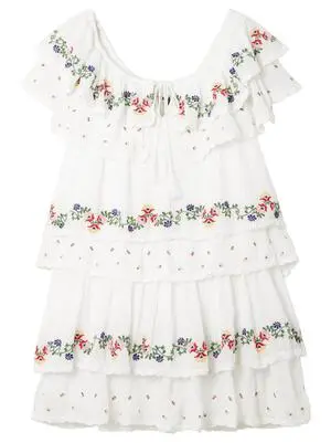 Rixo Leilani Tiered Embroidered Mini Dress - Neutrals
