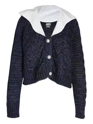 GANNI Cable-knit Poplin-collar Cardigan - Blue