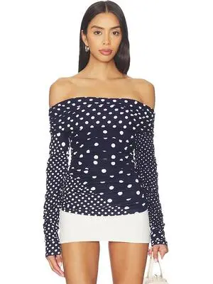 SWF Off Shoulder Wrap Top With Polka Dot Print Navy