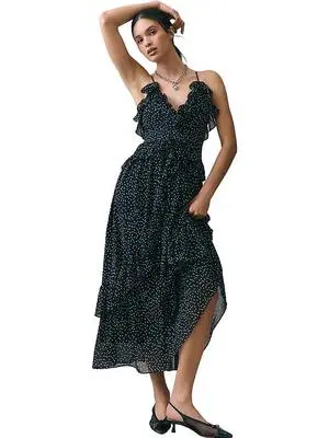 Endless Rose Polka Dot Ruffle Midi Dress - Black