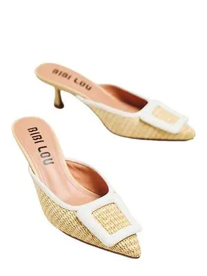 BIBI LOU Woven Raffia Kitten Heel Mules Neutral