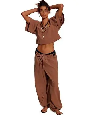 Free People Cotton Poplin Pant Set Brown Truffle