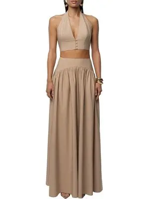 JLUXLABEL Halter Crop Top & Maxi Skirt Set - Tan
