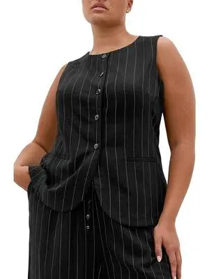 City Chic Kelly Pinstripe Longline Vest - Black Pinstripe