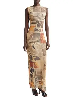 JEAN PAUL GAULTIER Newspaper Print Mesh Body-con Dress - Ecru/light Grey/red