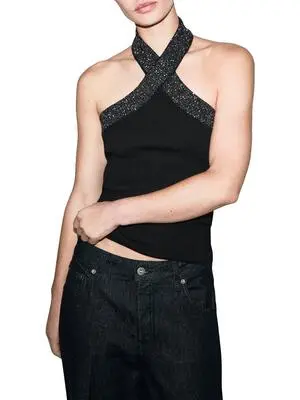 Mango Embellished Halter Knit Top - Black
