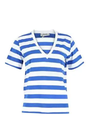 GANNI Striped V-neck T-shirt - Blue