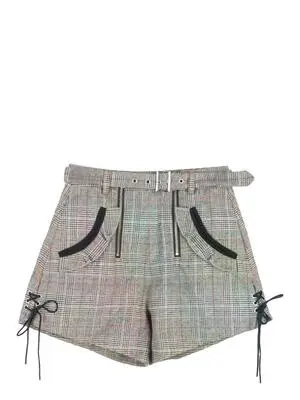 SELF-PORTRAIT Checked Belted Shorts - Grey