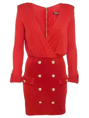 Balmain V-neck Button Mini Dress - Red