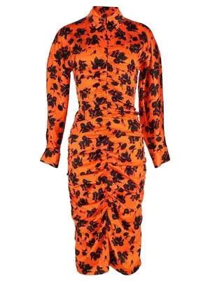 GANNI Floral Print Ruched Dress - Orange