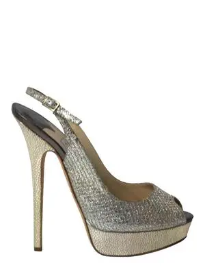 JIMMY CHOO Glitter Platform Slingback Pumps - Silver