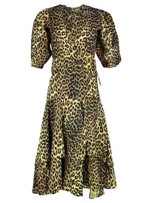GANNI Leopard-print Wrap Midi Dress - Yellow