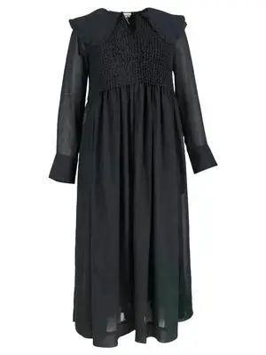 GANNI Smocked Bodice Long Sleeve Dress - Black
