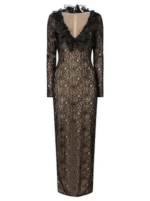 Alessandra Rich Stretch-lace Midi Dress With Frilled V-neck - Black