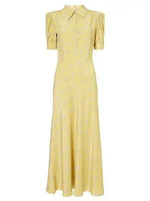 Alessandra Rich Pointed-collar Floral-pattern Silk Midi Dress - Mustard