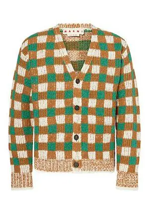 Marni Check-print V-neck Wool-blend Cardigan - Sea Green