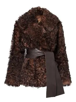 Nour Hammour Belted Shearling Jacket - Bourbon Rich Brown
