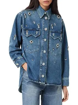 ALLSAINTS Enna Brooch Embellished Denim Shirt - Vintage Indigo